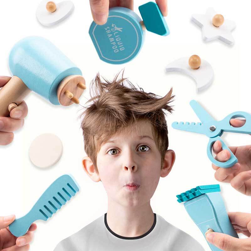 Wooden Barber Set for Kids - Imaginative Pretend Play Toy with Hair ...